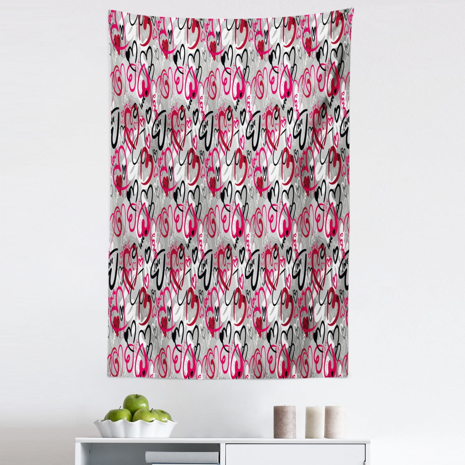 Love Tapestry, Romantic Random Hand Drawn Style Hearts and Love Words ...