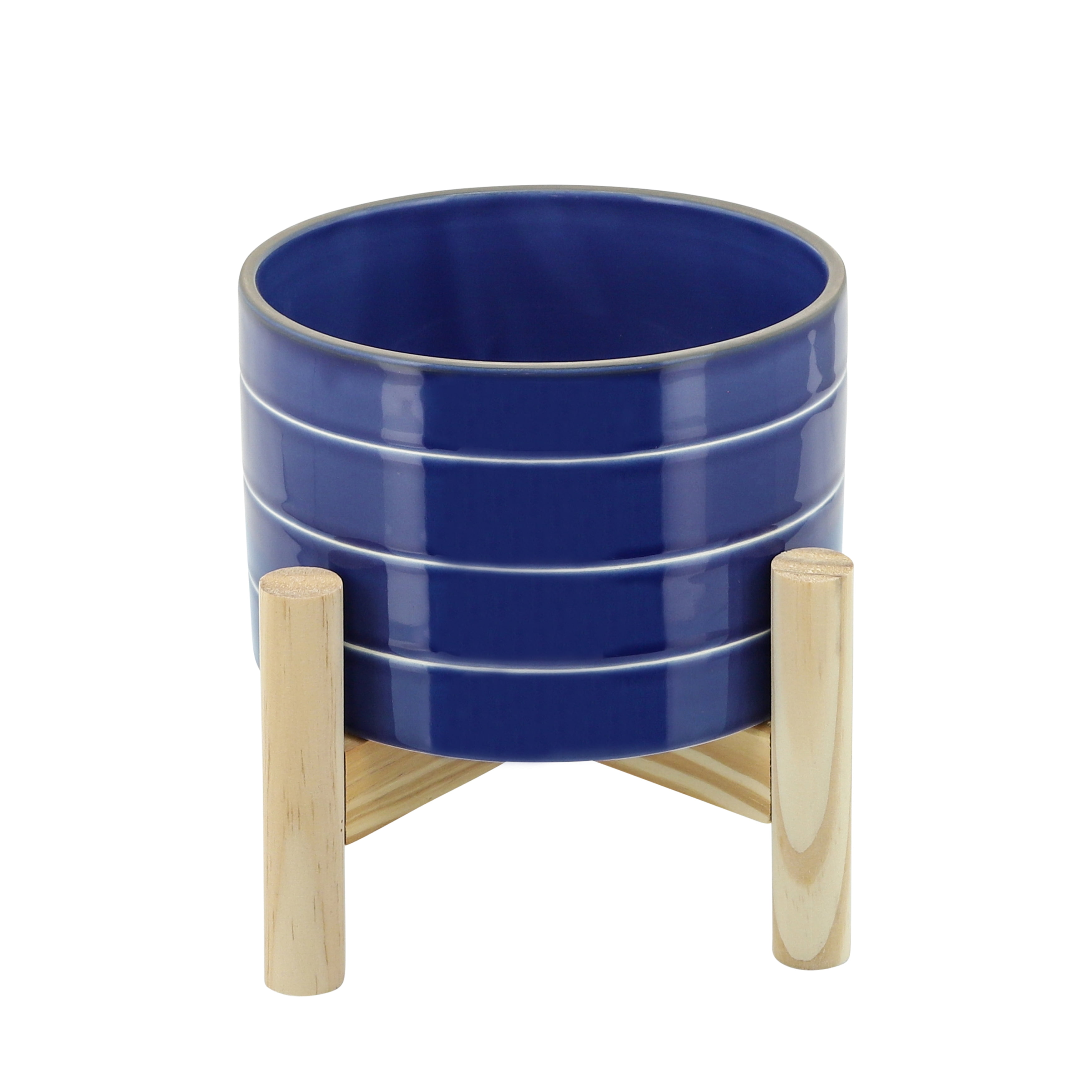 Sagebrook Home 6" Striped Planter With Wood Stand, Navy - Walmart.com