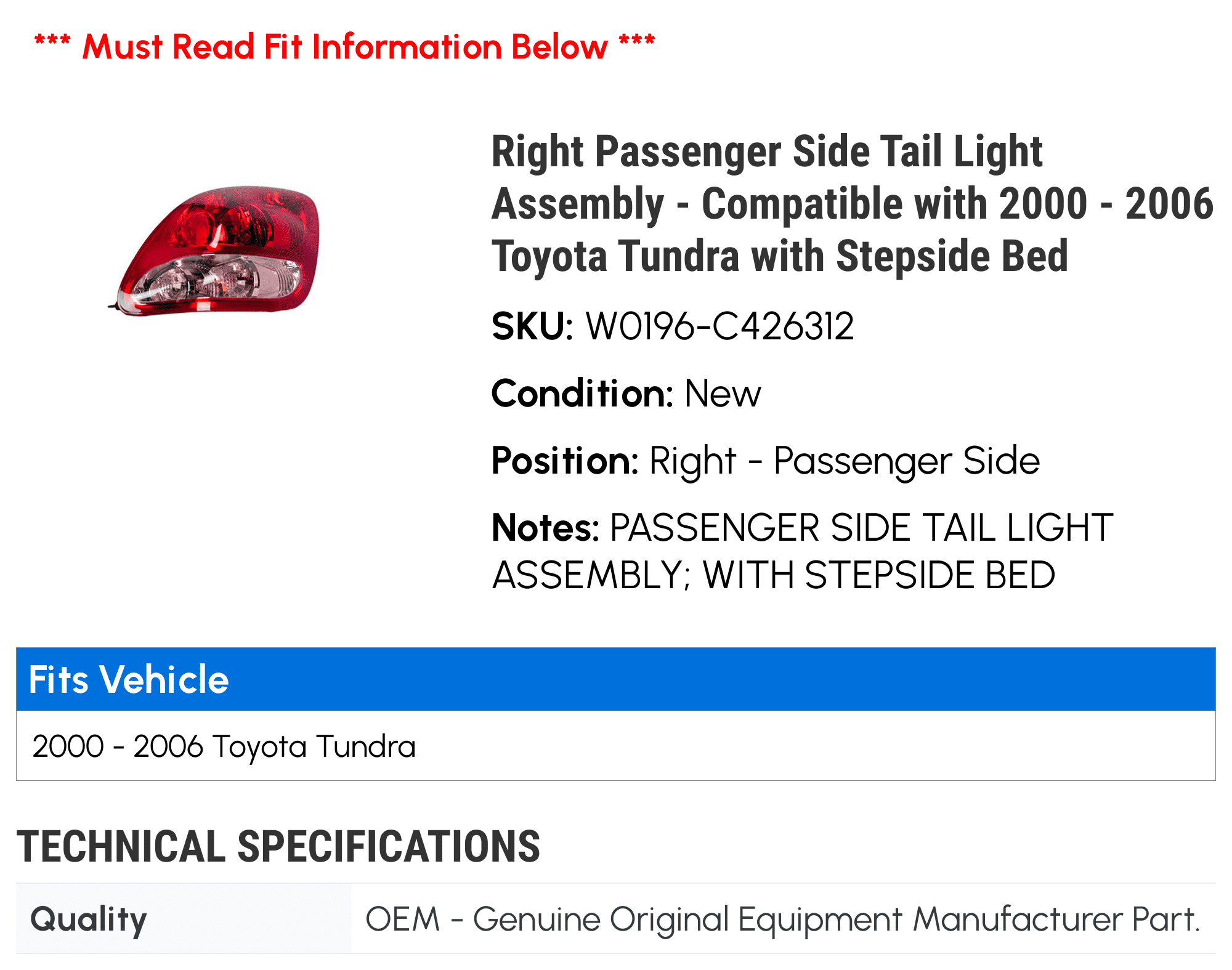 2003 Tundra Stepside Tail Light