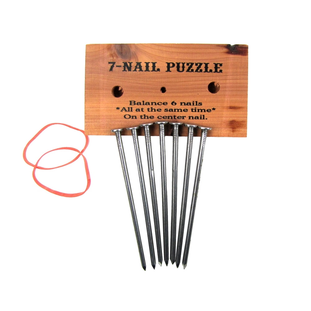 7 Nail Balance Puzzle Wood Block Game Pocket Brain Teaser IQ Magic ...