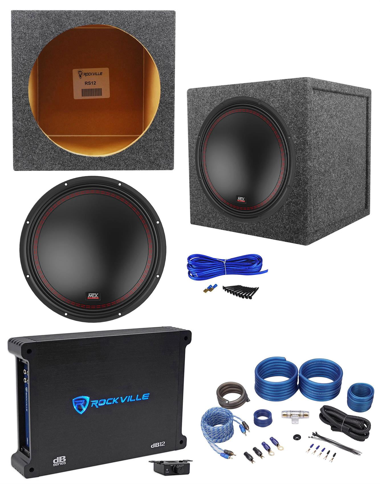 MTX 5512-44 12" 800w Subwoofer+Sealed Sub Box Enclosure+Mono Amplifier ...