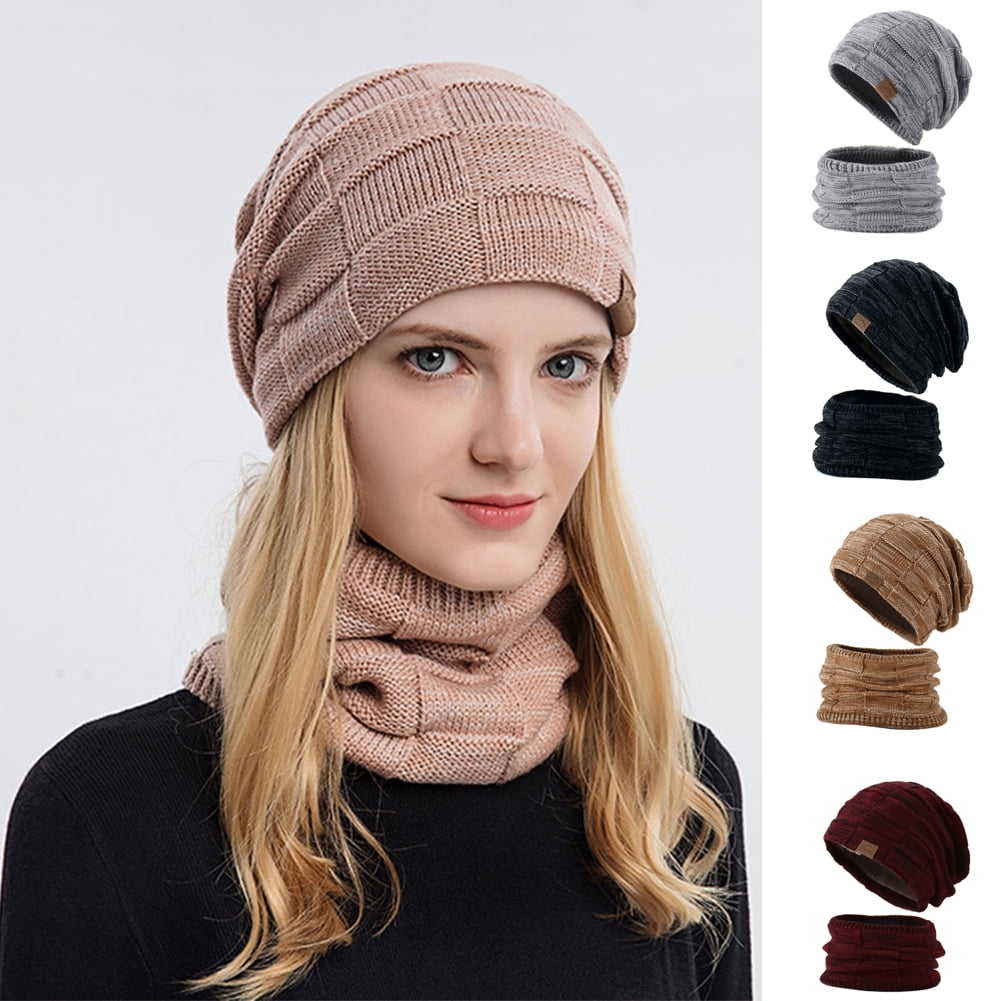 D-GROEE 2Pcs/Set Winter Ribbed Edge Beanie Hat Scarf Set Woolen Yarn ...