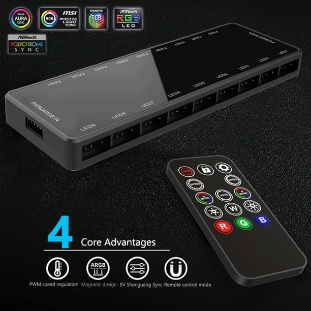 Clairlio 1 to 9 Hub Remote Control 5V 3Pin ARGB Cooling Fan 4Pin PWM ...