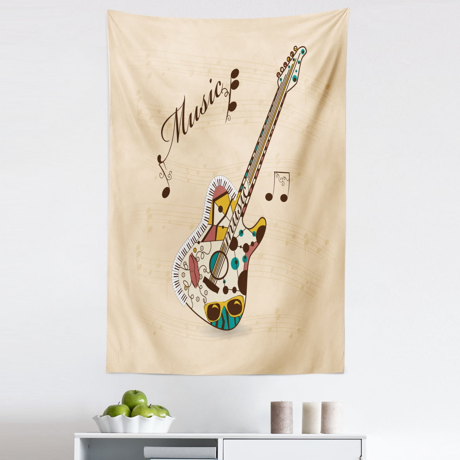 Guitar Tapestry, Abstract Funky Guitar Instrument Melody Musical Notes ...