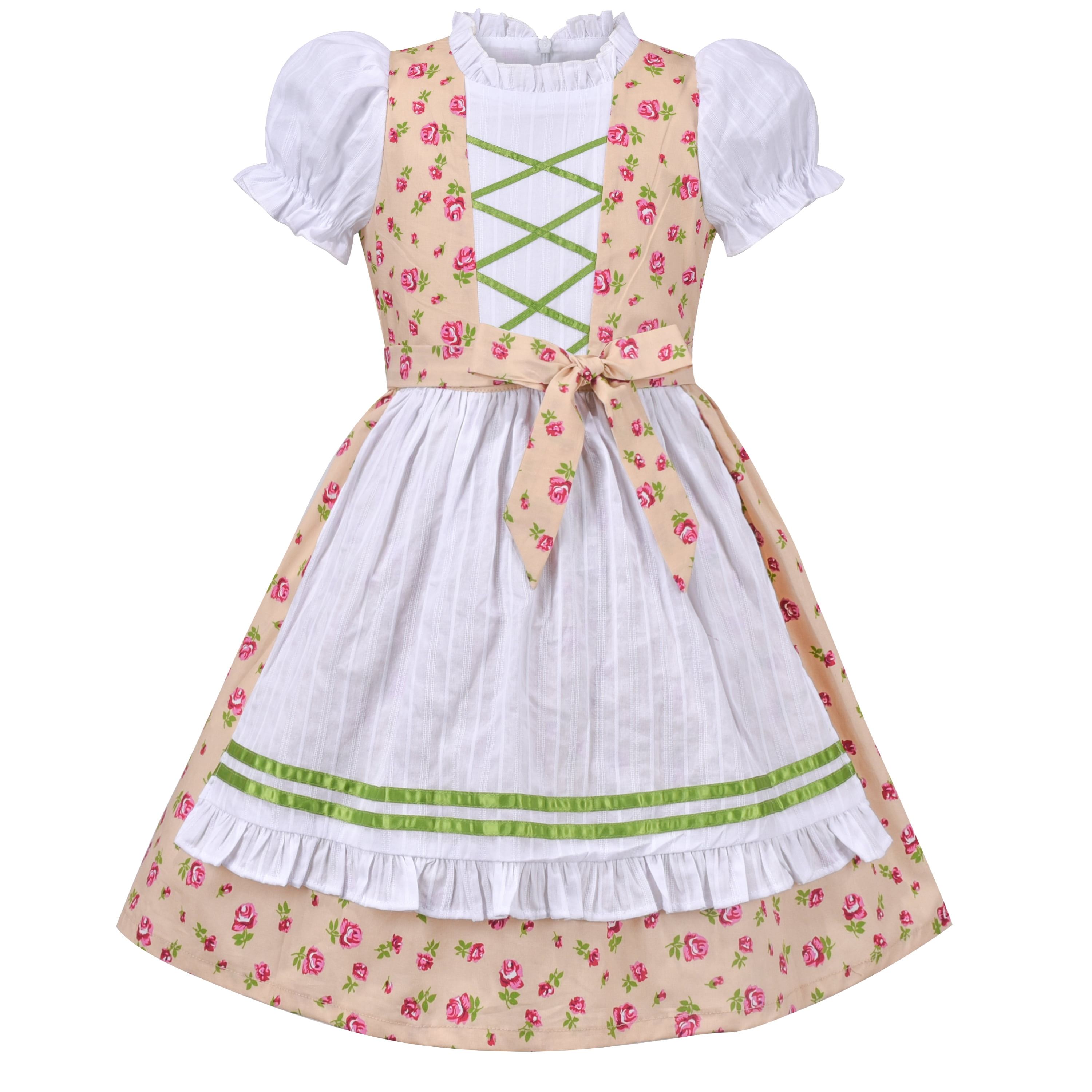 Girls Dress Beige German Dirndl Oktoberfest Beer Floral Bavarian Party ...