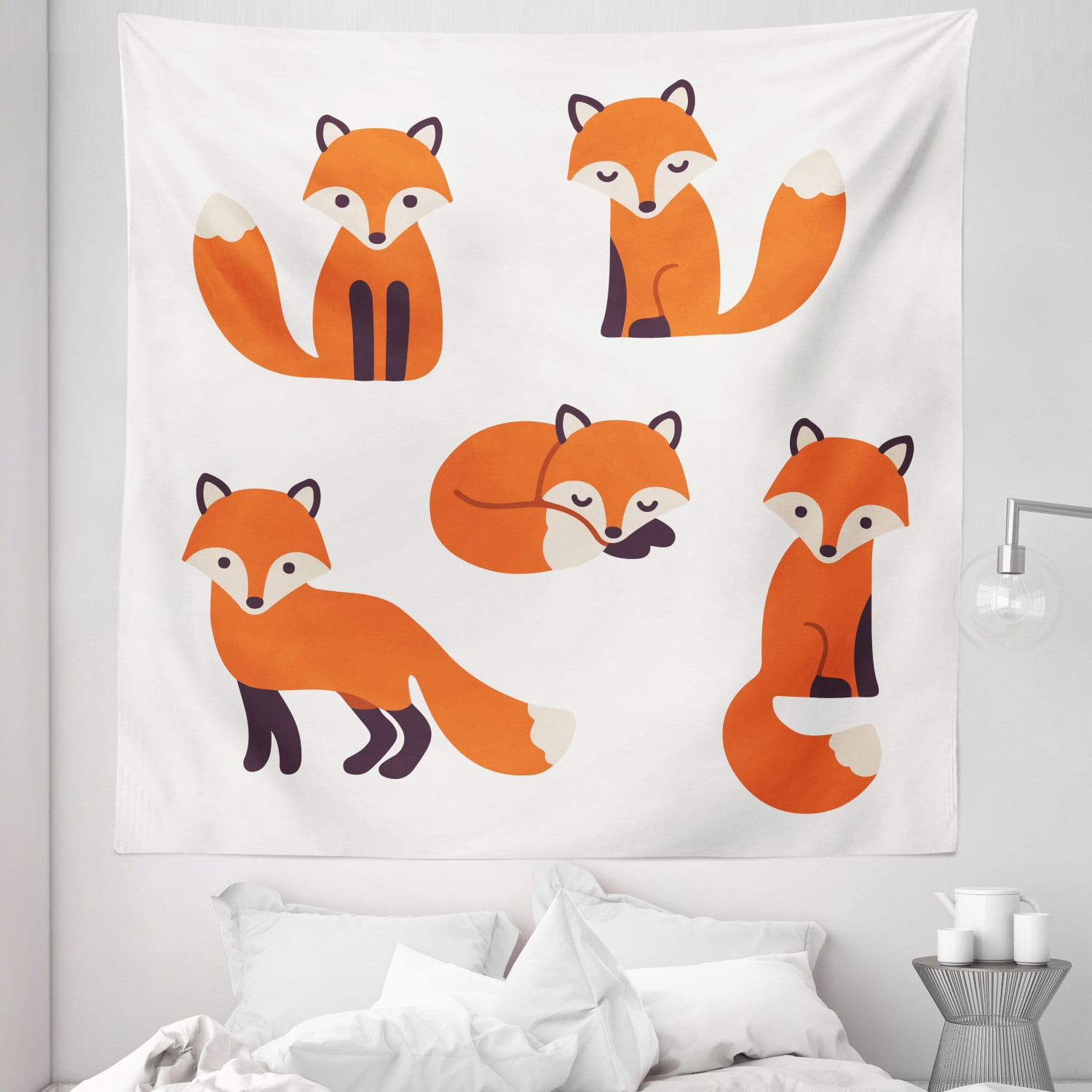 Fox Tapestry, Cartoon Foxes in Modern Style Sitting and Sleeping on ...