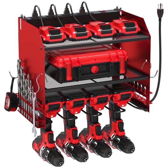 Montezuma 4-Bay Steel Power Tool Holder and Organizer Storage Rack and ...