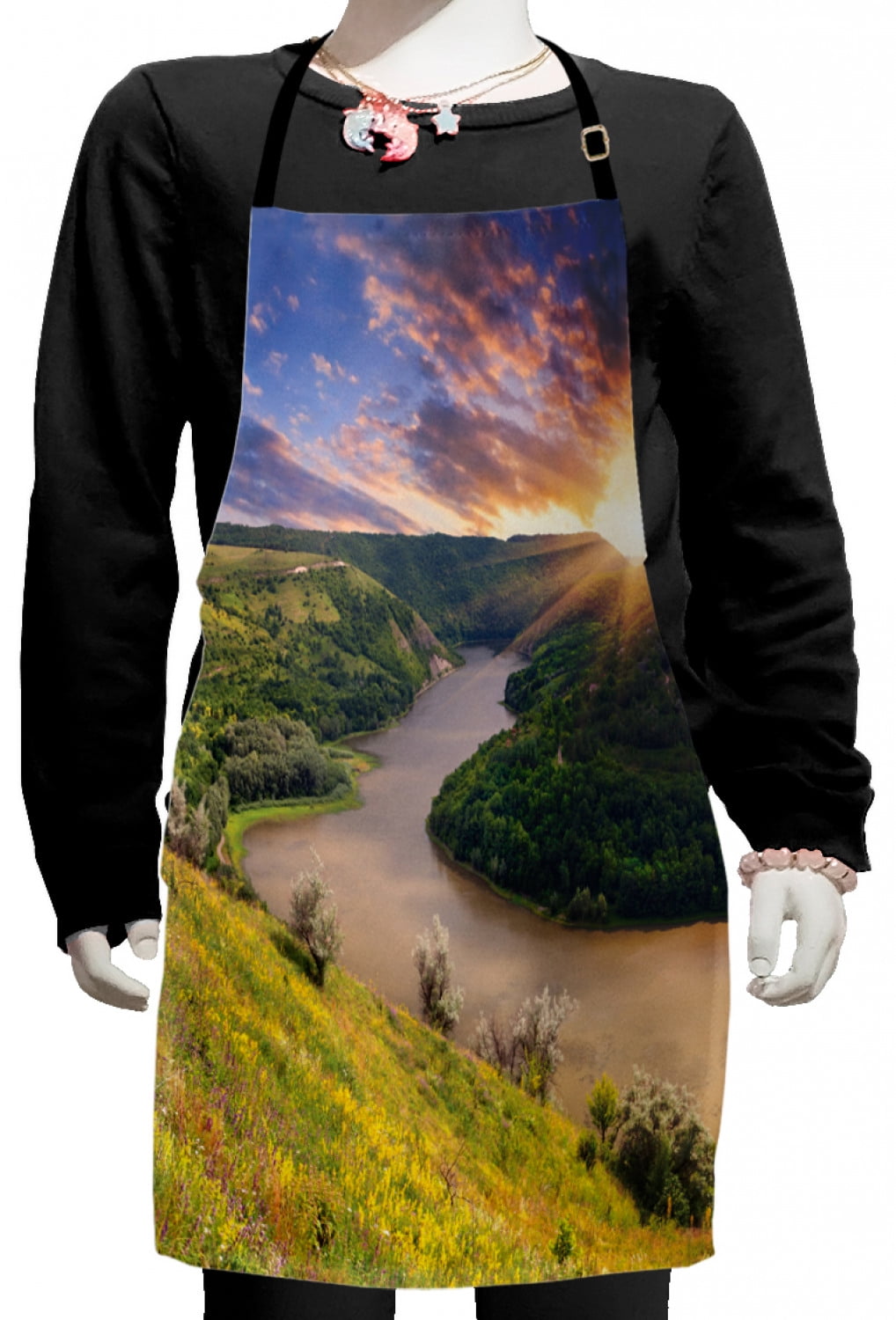 Nature Kids Apron, Rising Sun over Calm Riverbed with Lush Trees and ...