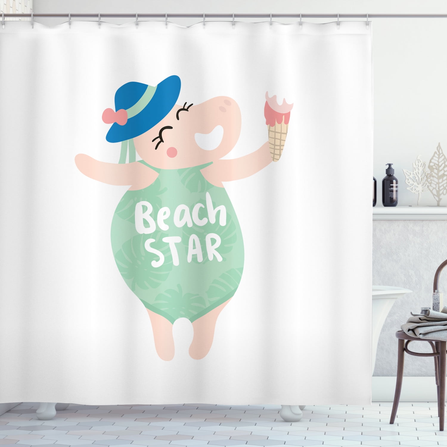 Hippo Shower Curtain, Cartoon Hippo Girl Holding an Ice Cream Cone and ...