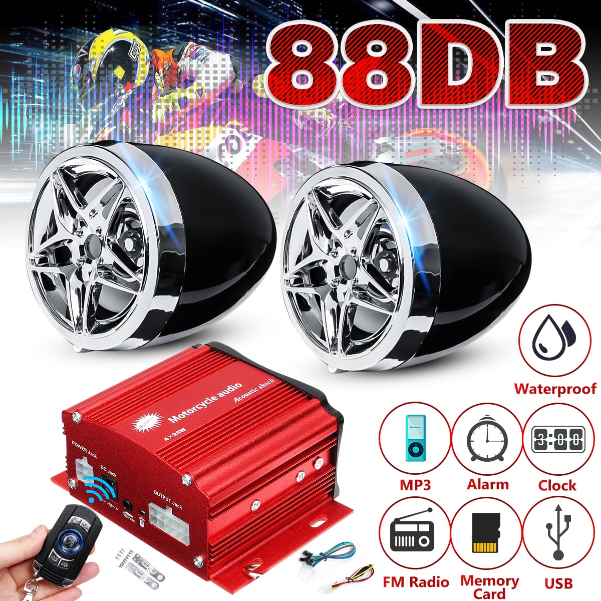 3'' Motorcycle Audio MP3 Player Radio Alarm FM USB Speaker Waterproof ...