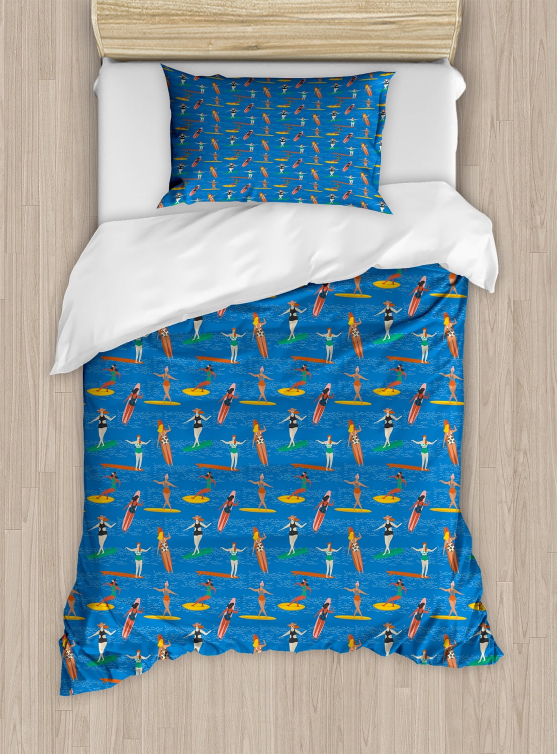 Surf Twin Size Duvet Cover Set, Woman Surfers in Bikini on Sea Waves ...