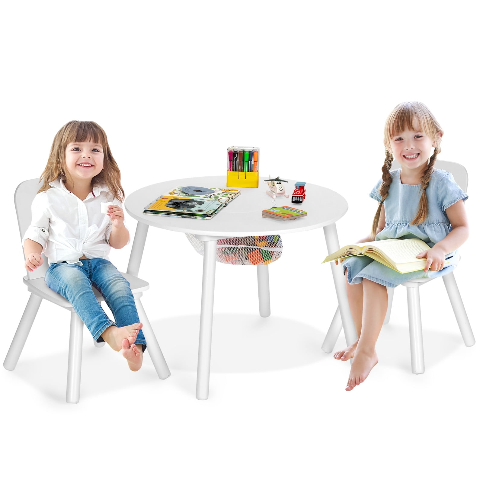 Infans Kids Wooden Round Table & 2 Chair Set w/ Center Mesh Storage ...