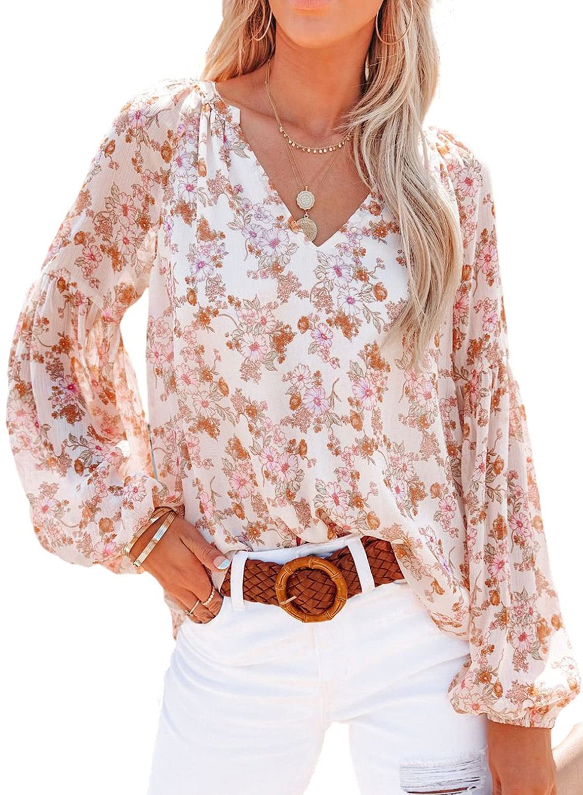 Dearlove Womens Elegant Boho Floral Print Notch V Neck Blouse Tops Spring Summer Casual Chiffon