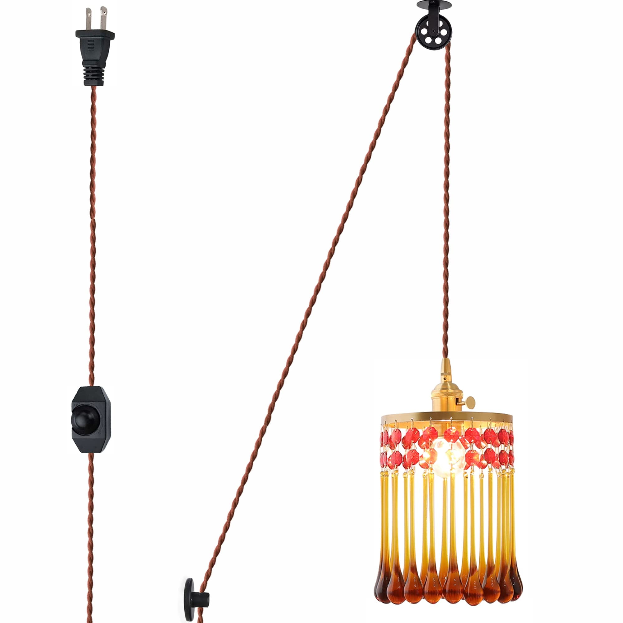 FSLiving Crystal Handle Pendant Lighting Swag with Industrial Pulley ...