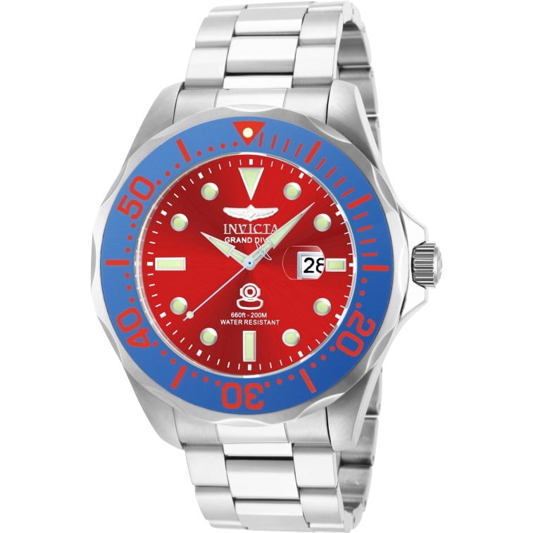 Invicta Men's 14657 Grand Diver Red Dial Blue Bezel Steel Bracelet Dive ...
