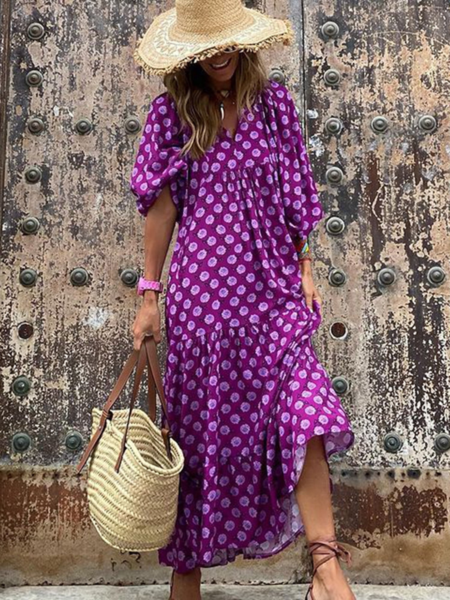 Coduop Women Puff Sleeve Maxi Dress Tiered Long Dresses Layered Summer ...