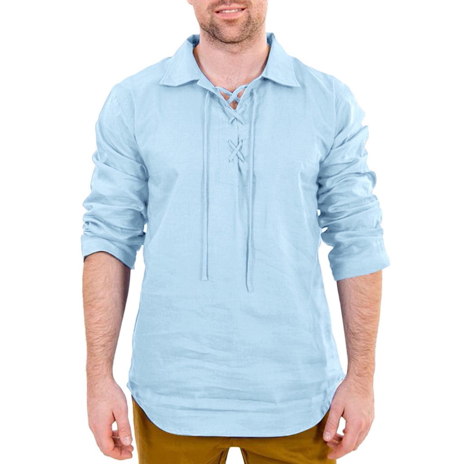 Hfyihgf Mens Cotton Linen Shirts Long Sleeve Lace Up Casual Beach