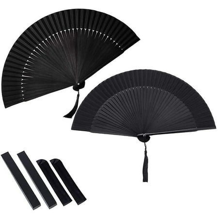 Black Silk Bamboo Folding Fan 2 Pcs Hand Fan Folding Fans Japanese ...