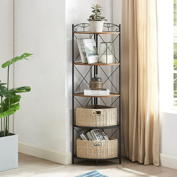 VECELO 5-Tier Corner Shelf with 2 Folding Baskets, Triangle Wood ...