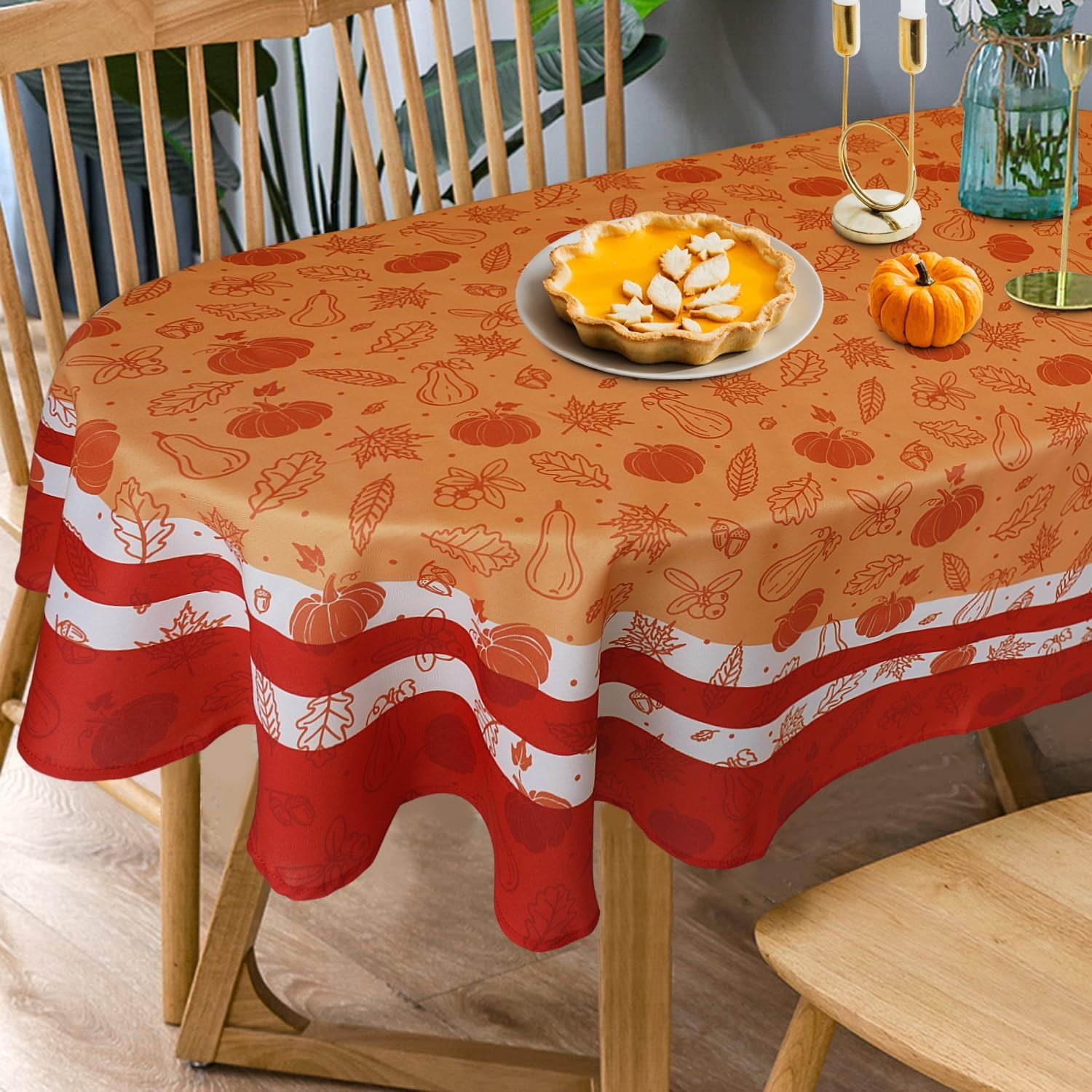 Fall Tablecloth Oval 60x84 Inch, Autumn Pumpkins Leaves Orange ...