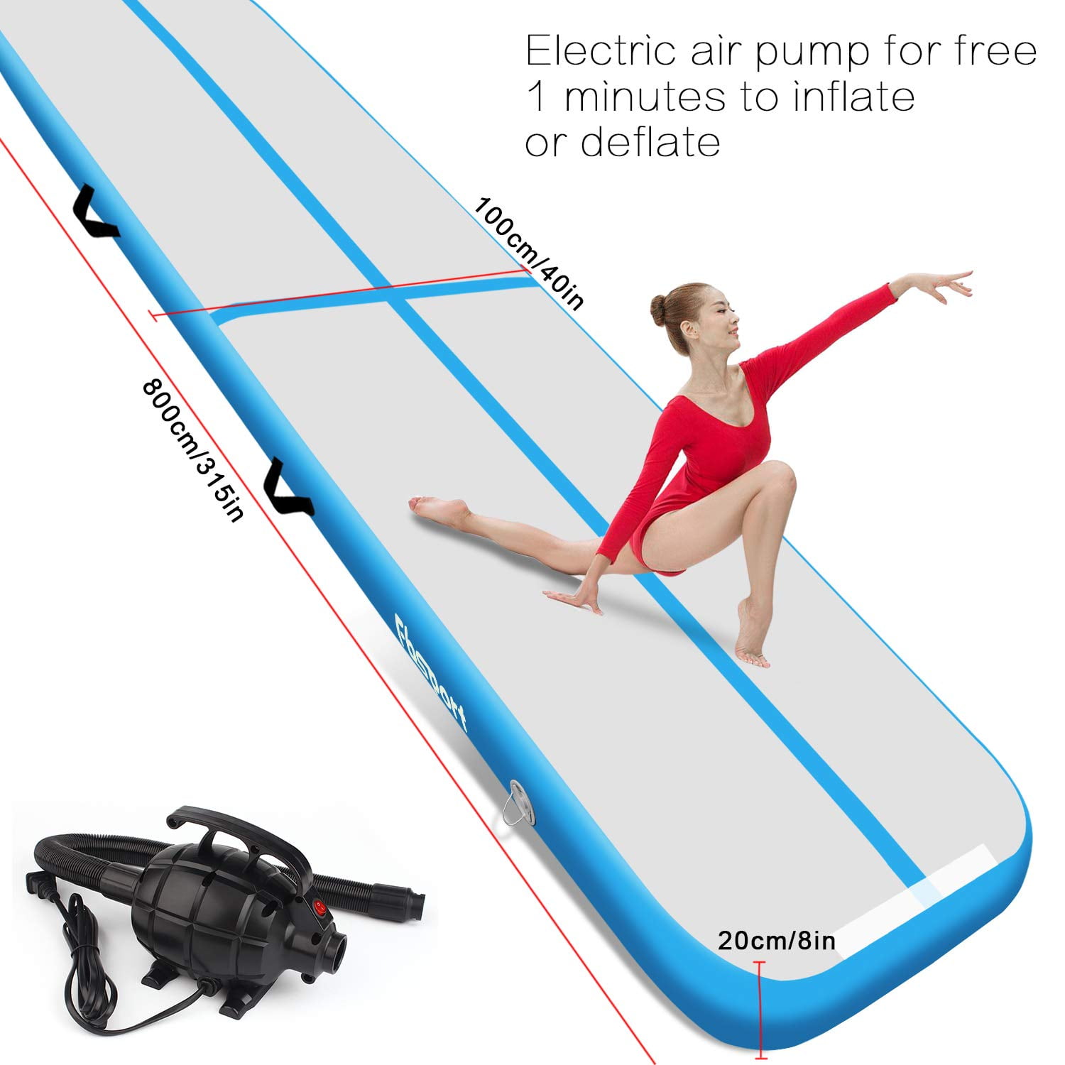 Fbsport Blue 8m/26ft 8in Thick Inflatable Air Track Tumbling Gymnastic ...