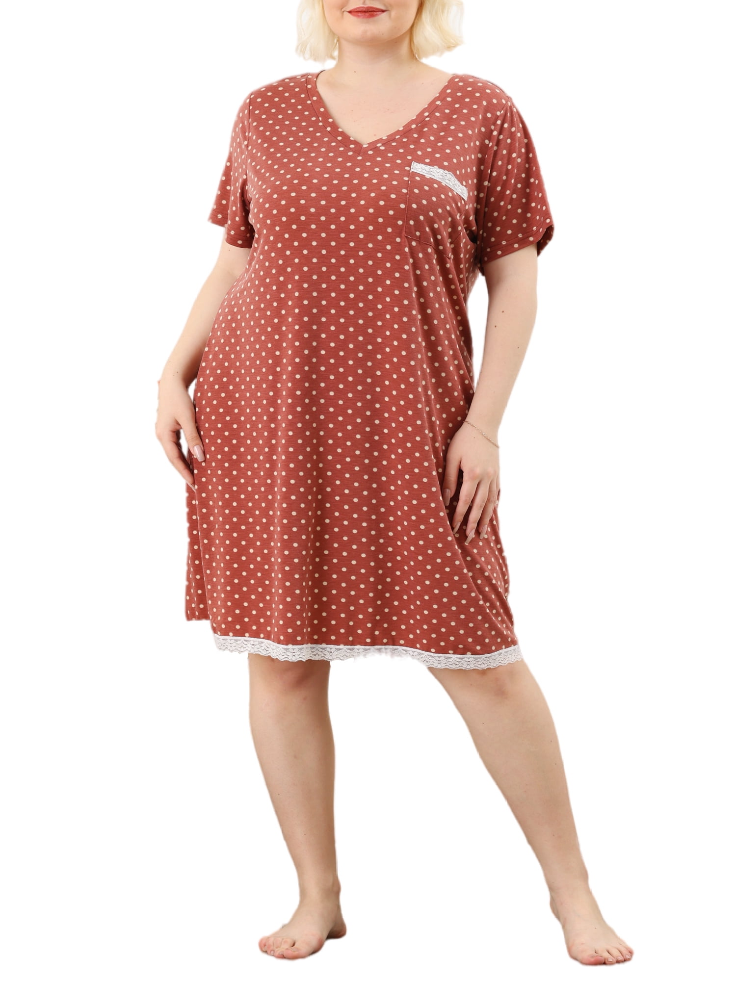 Agnes Orinda Womens Plus Size Nightgown Polka Dots V Neck Comfy Midi
