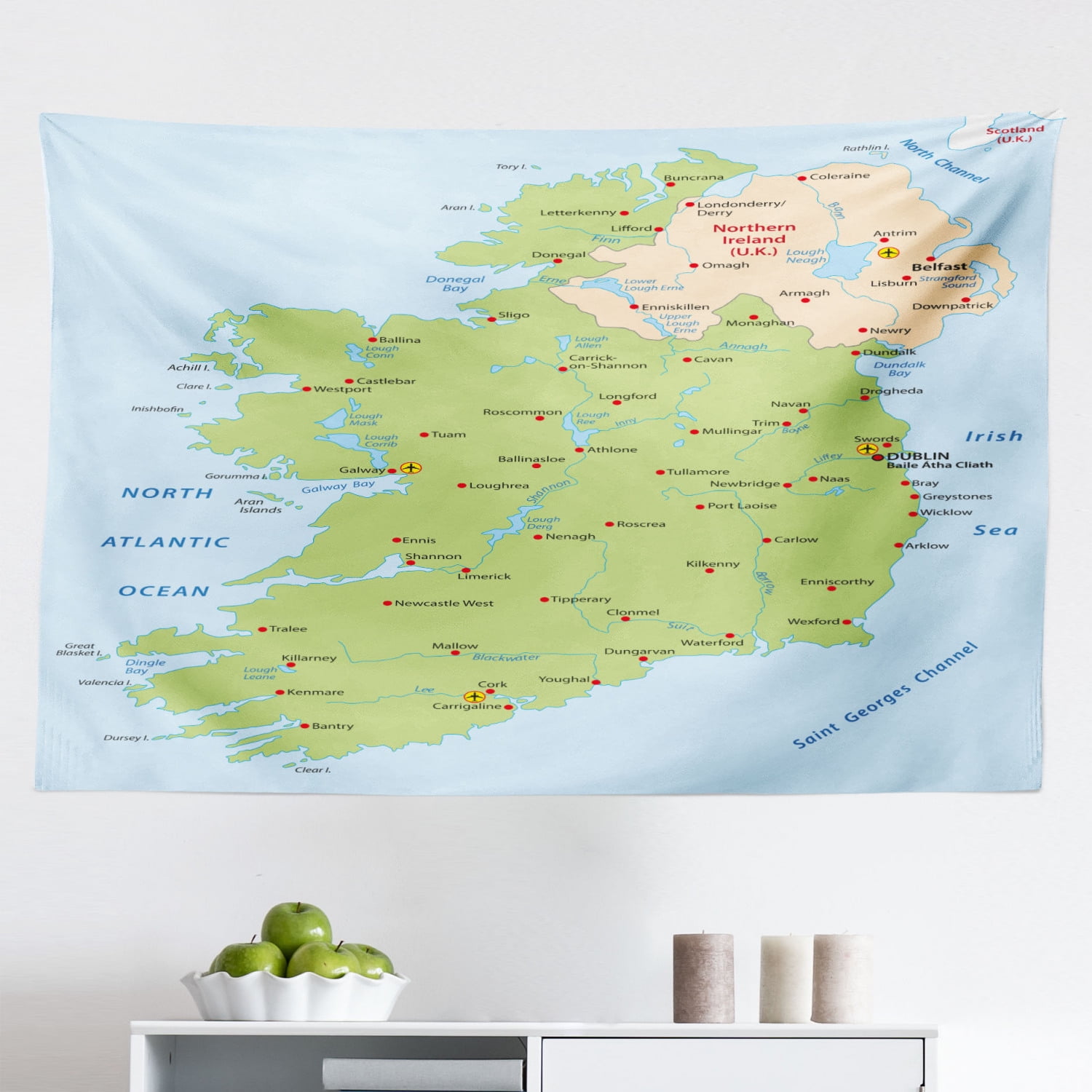 Ireland Map Tapestry, Nature Themed Dublin Wording Green Shamrock ...