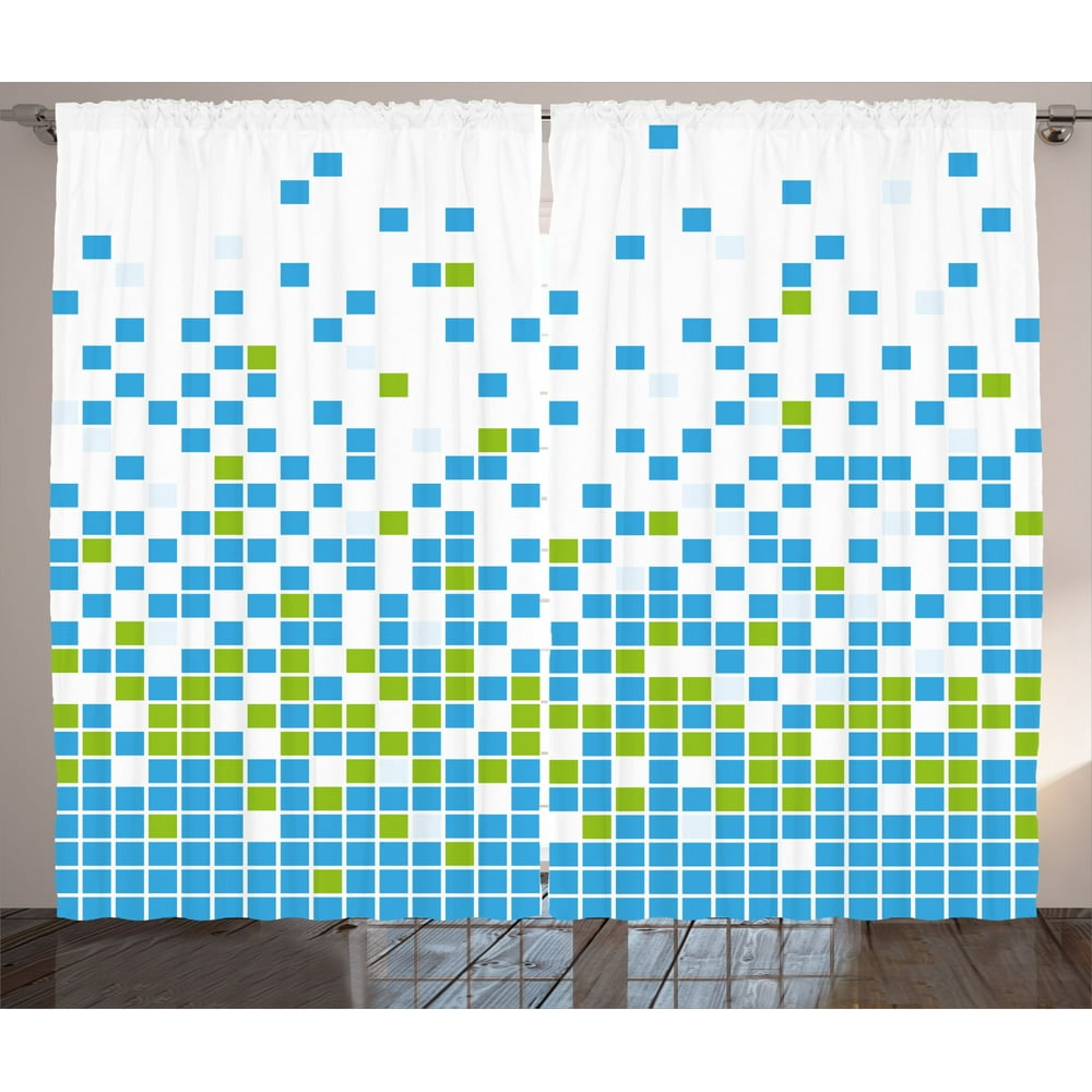 Modern Curtains 2 Panels Set, Mosaic Grid Pattern Pixel Art Digital ...