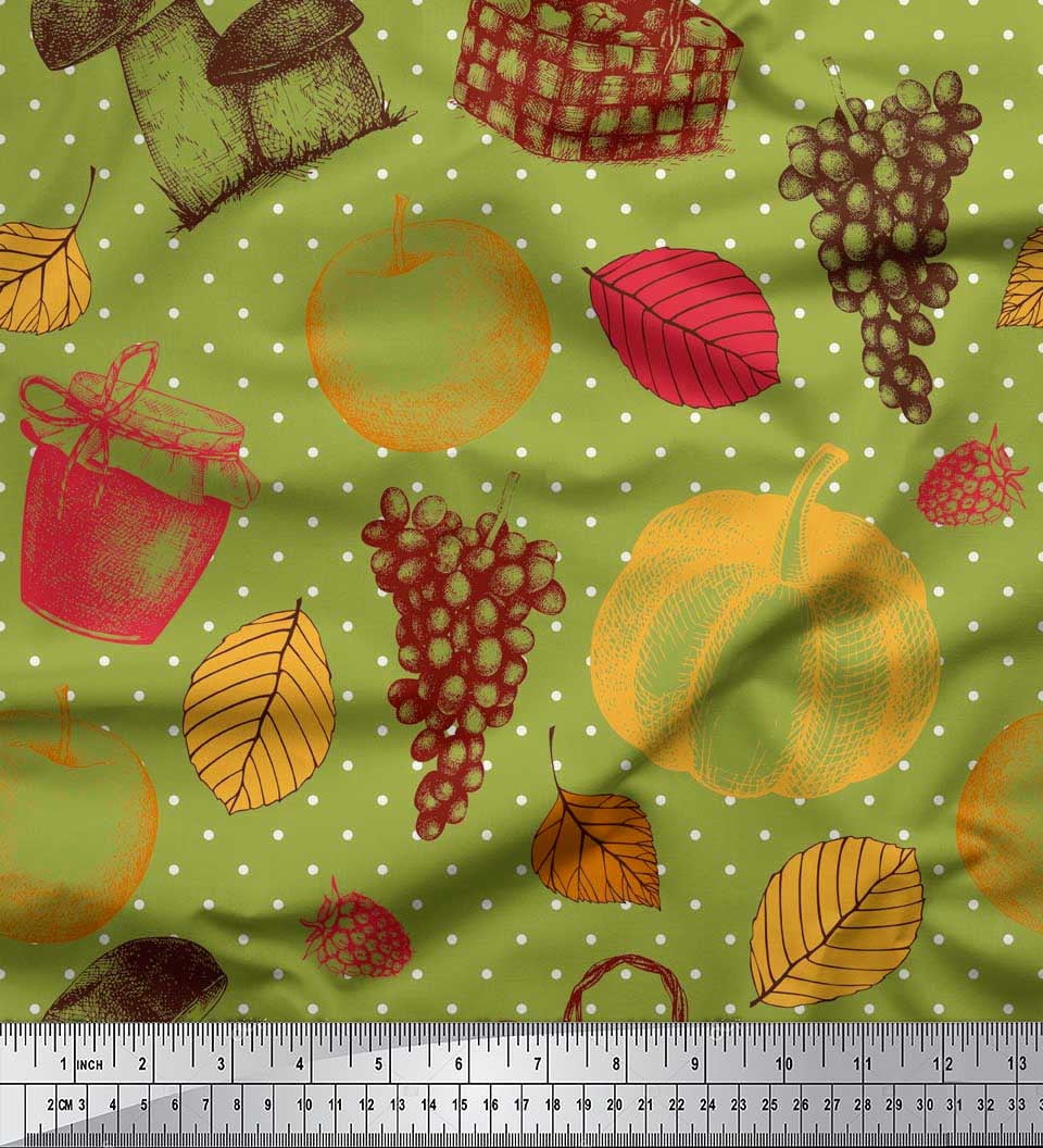Soimoi Satin Silk Fabric Mushroom,Grapes & Fresh Print Fabric by Yard ...