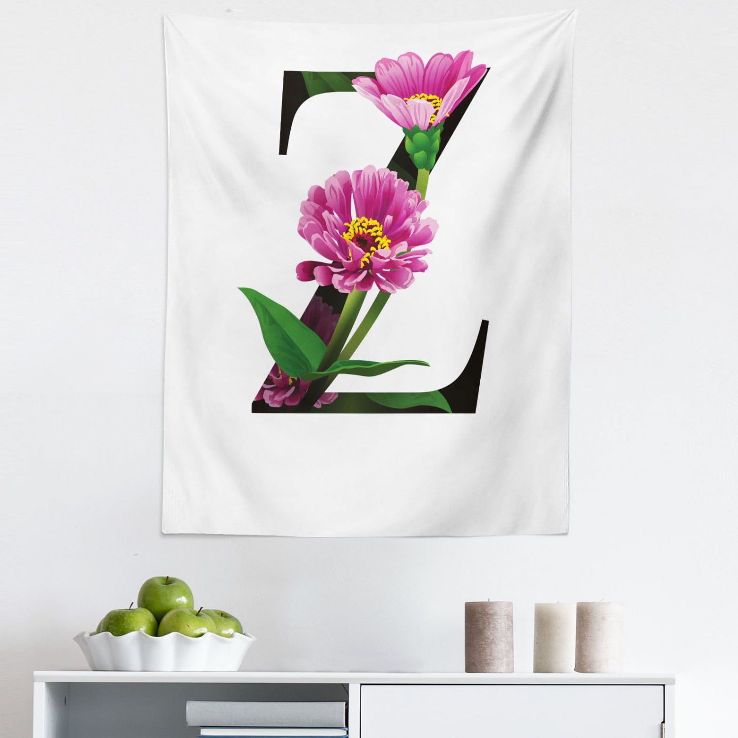 Letter Z Tapestry, Purple Zinnia Petals Stems Leaves and Letter Z ...