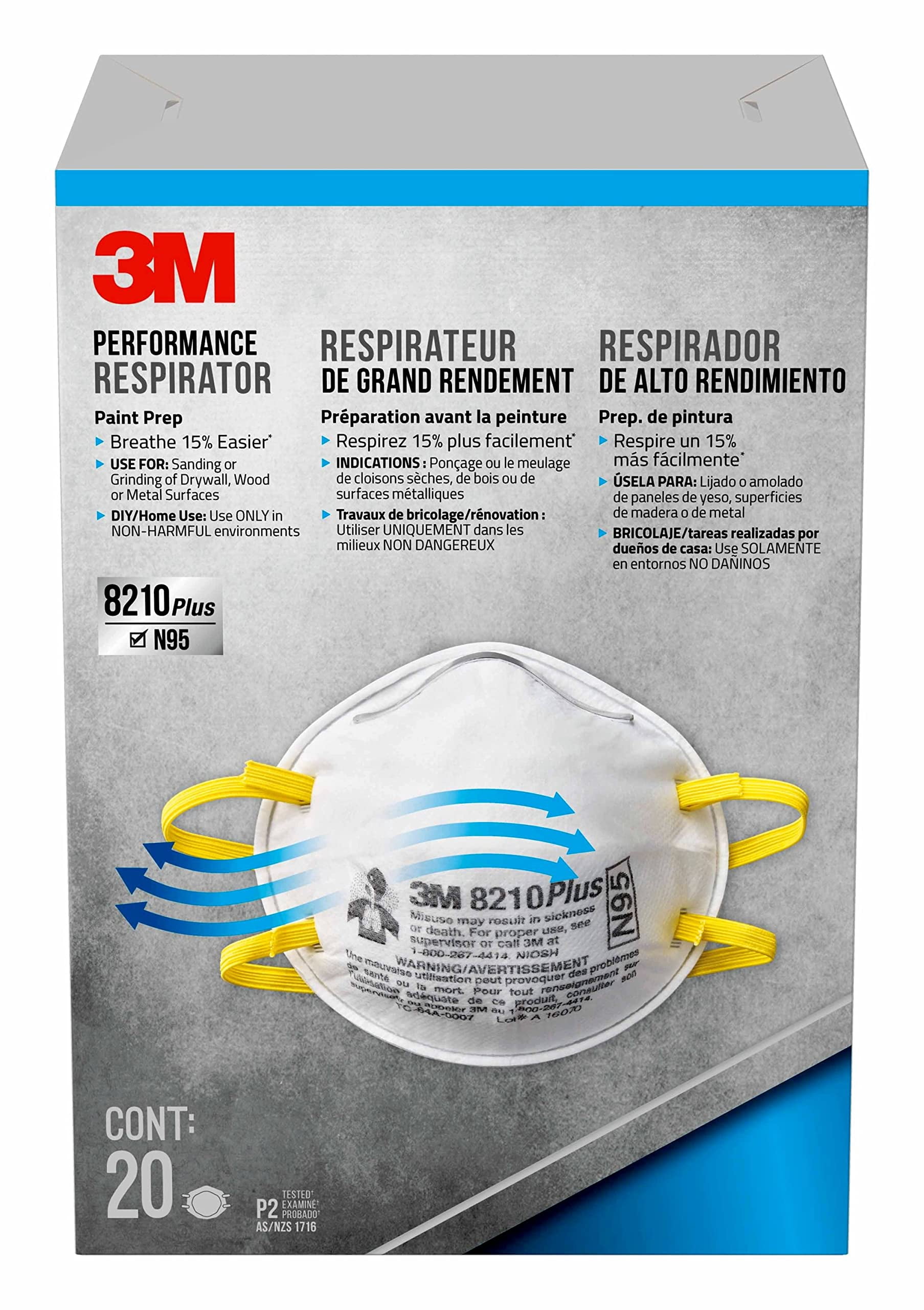 Respirador 3M 8210 Plus N95 desechable, paquete de 20 | Walmart en línea