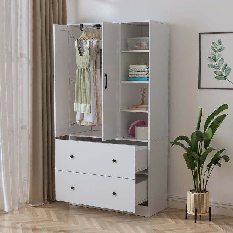 FUFU GAGA 2 Door Large Wardrobe with Drawers and Open Shelves Closet Storage Organizer with Mirror and Telescopic and Hanging Rod White