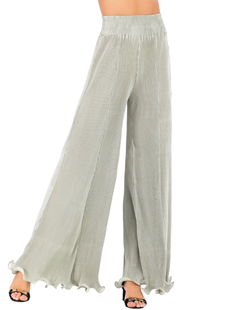 Xuanfei Women High Waist Wide Leg Smocked Stringy Selvedge Long Pants ...