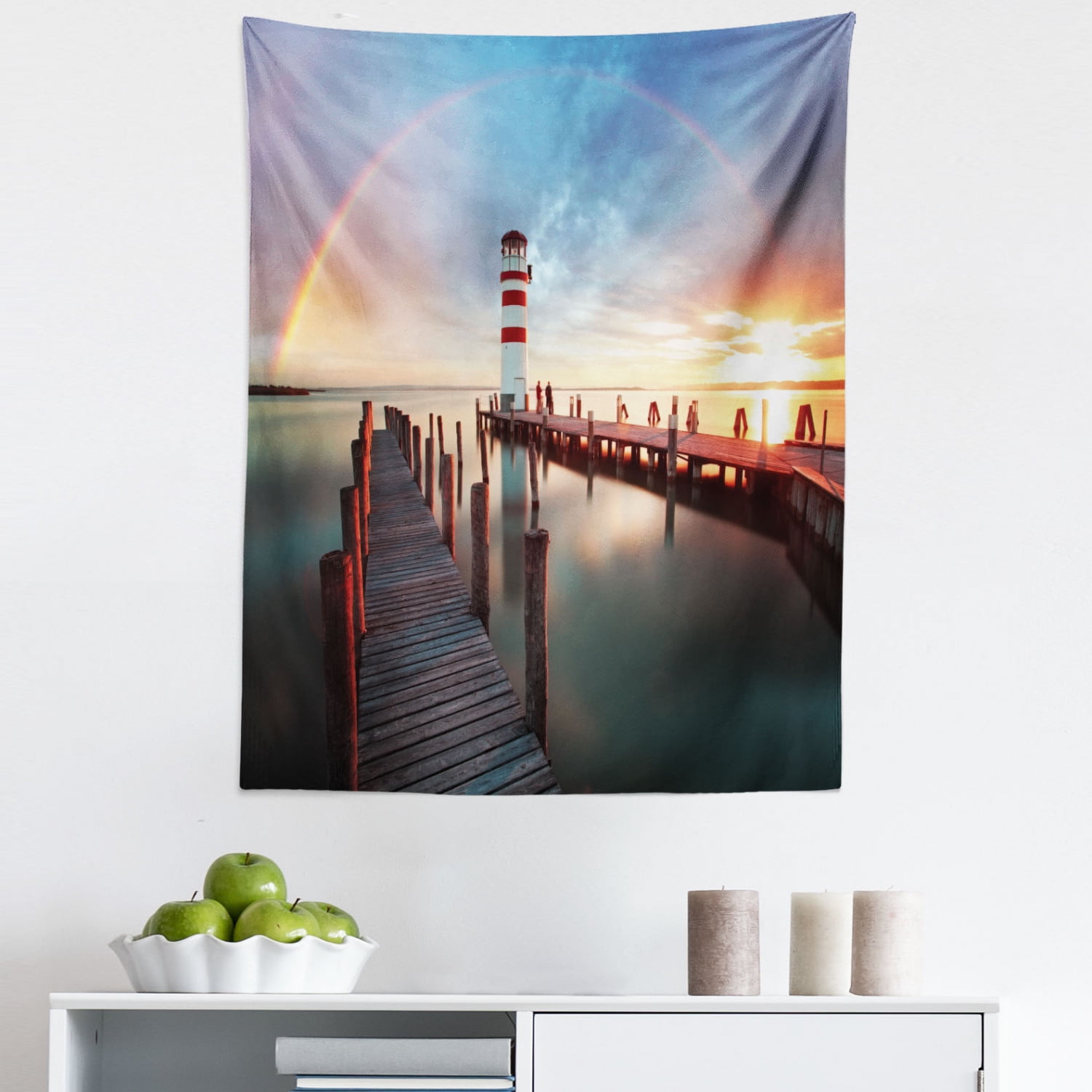 Lighthouse Tapestry, Sunset at Seaside Wooden Docks Lighthouse Clouds ...