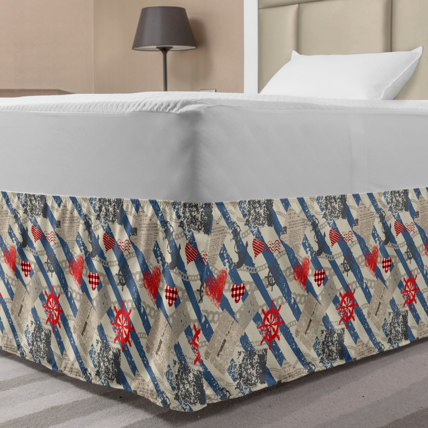 Nautical Bed Skirt, Sea Graphic with Grunge Distressed Diagonal Forms ...
