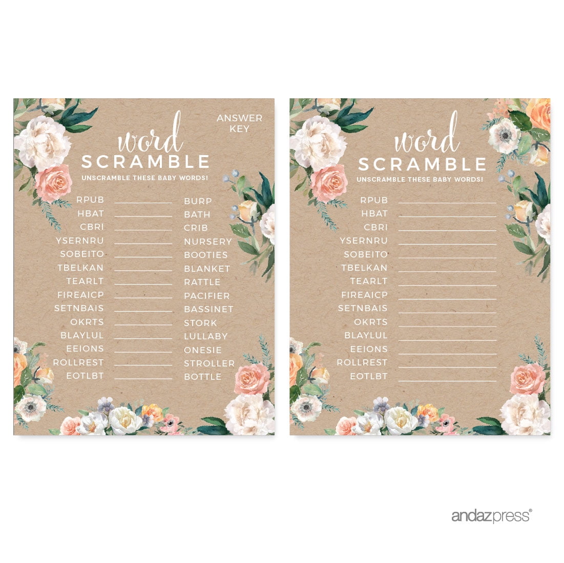 Peach Rustic Floral Garden Party, Word Scramble Game Cards, 20-Pack ...