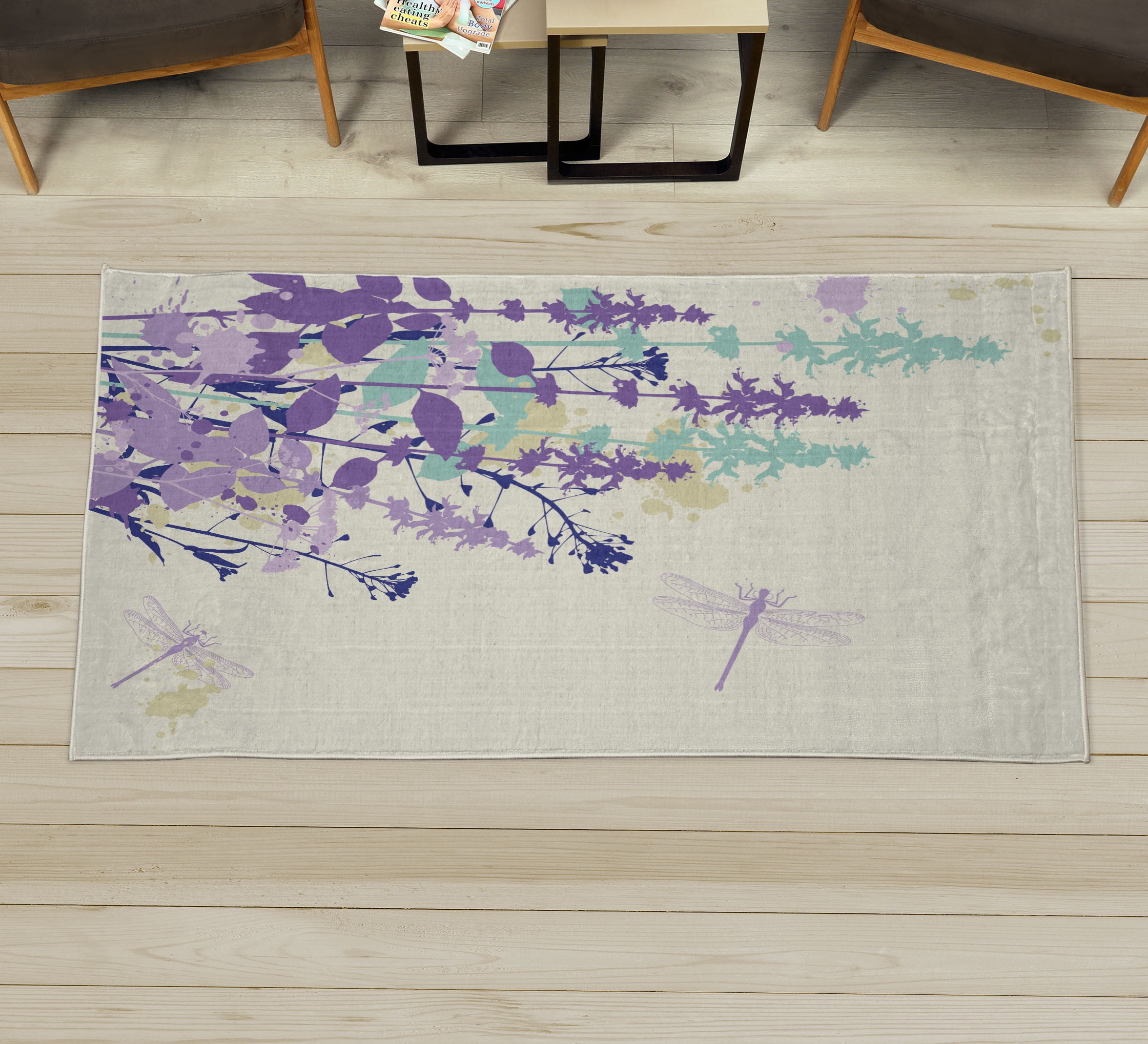 Dragonfly Decorative Rug, Nature Plants Grass with Wildflowers with ...