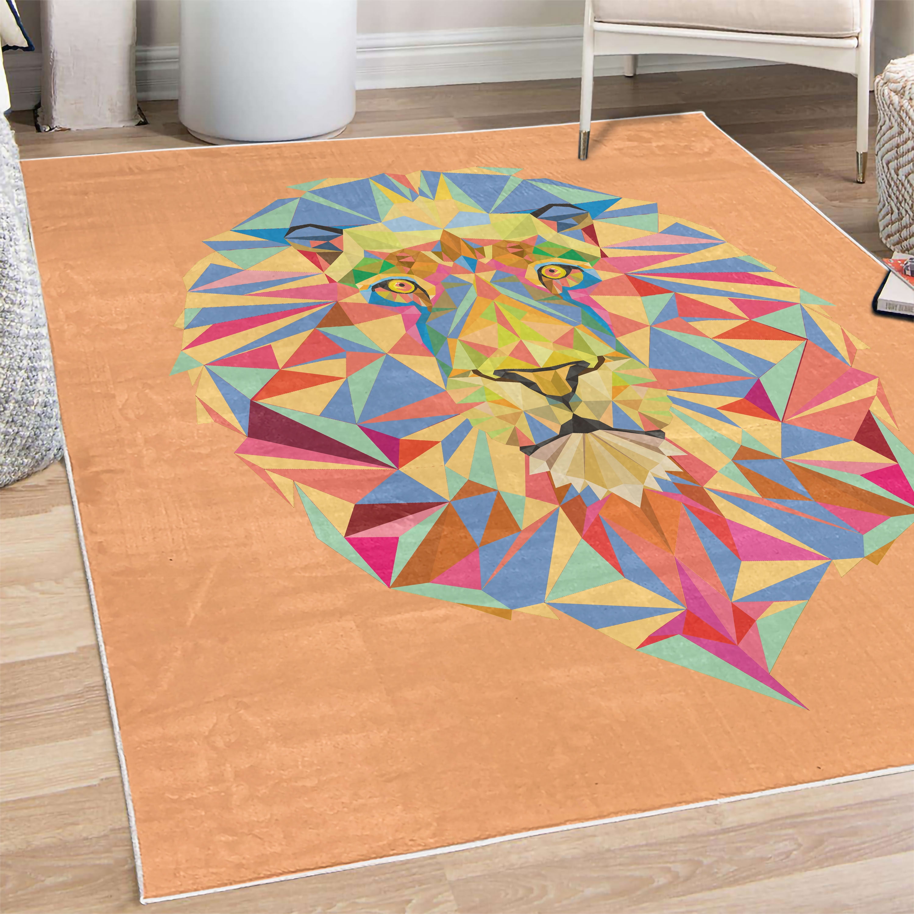 Zoo Decorative Rug, Colorful Animals Geometric Diamond Face Lions Mane ...