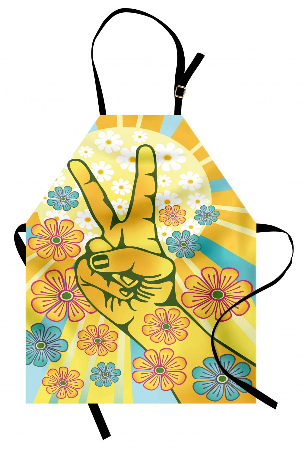 Groovy Apron Hand Gesturing Symbol of Peace with Flowers and Sunbeams ...