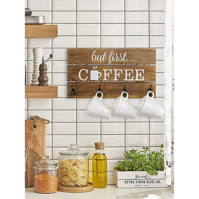 Tohuu Coffee Mug Wall Rack 4 Hooks Rustic Wall Mounted Wooden Cup ...
