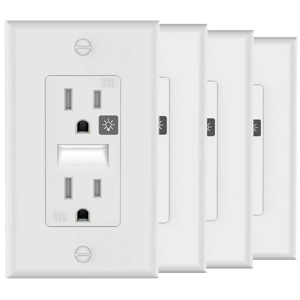 4Pack Illuminated Tamper Resistant White Wall Outlet-Touch Control ...