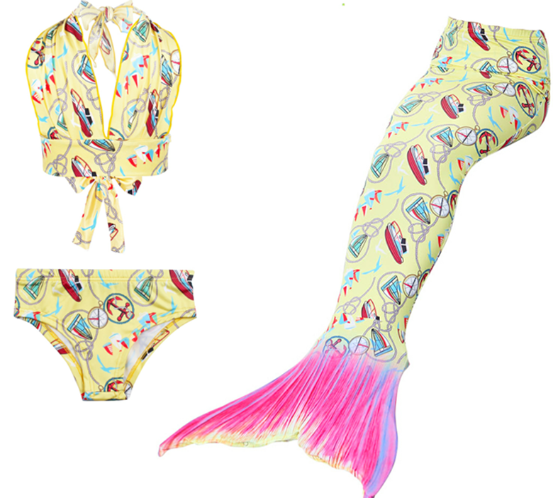 Wenchoice Yellow Hot Pink Mermaid Tail 3 Pieces Swimming Suit L(5-6Y ...