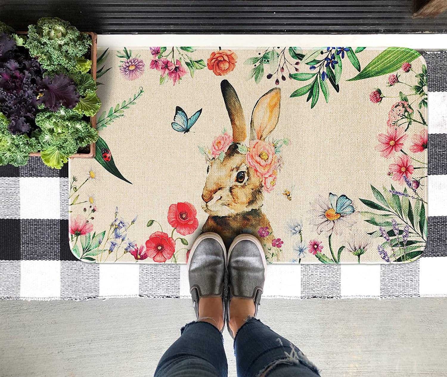 Floral Decor Door Mat Welcome Flowers Doormat Non Slip Rubber Bunny ...