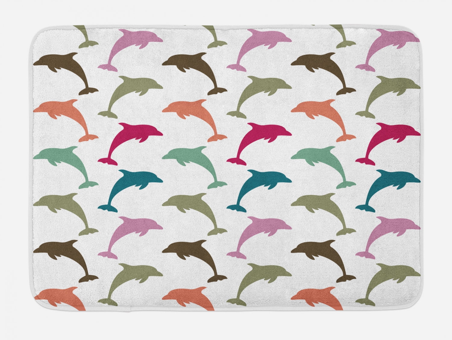 Sea Animals Bath Mat, Colorful Dolphin Figures on White Background ...