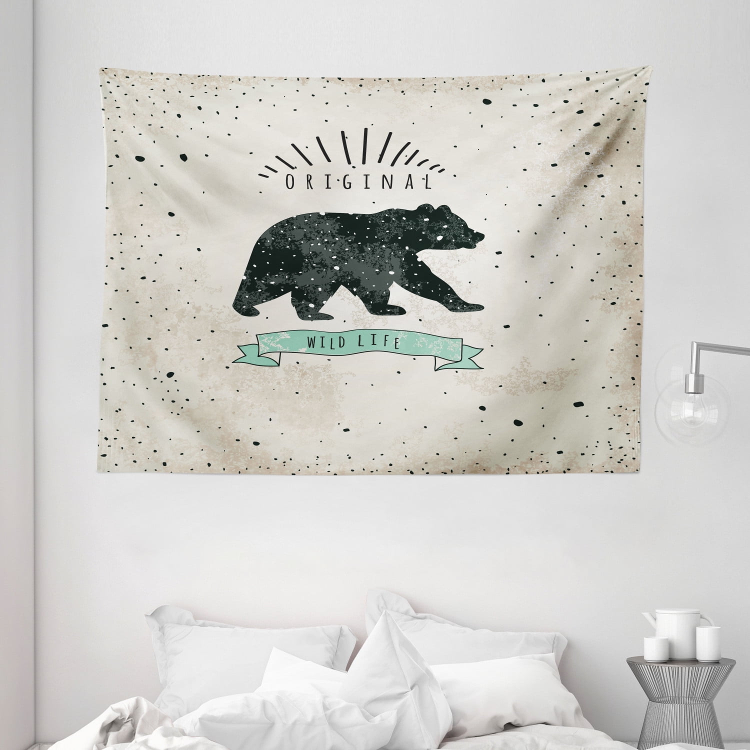 Bear Tapestry, Vintage Wildlife Label Hunting Theme Icon with Random ...