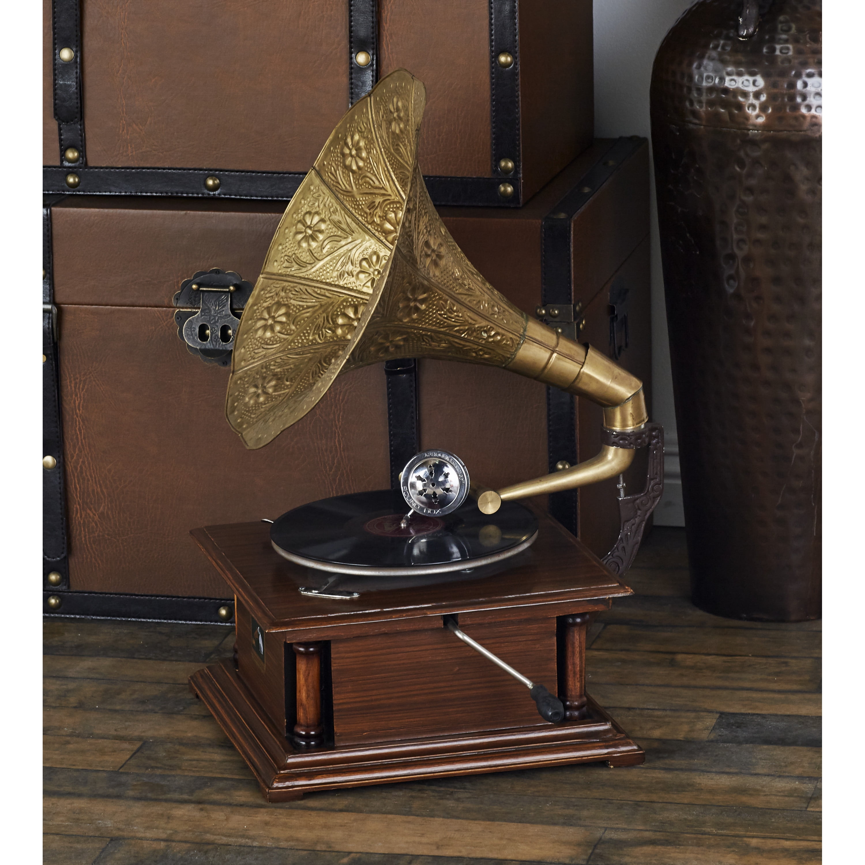 DecMode 18" x 28" Copper Wood Functional Gramophone with Record, 1 ...