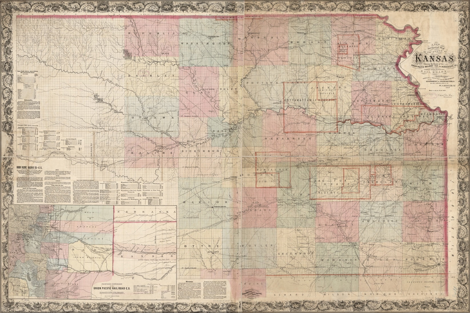 24"x36" Gallery Poster, map of Kansas with Union Pacific Railroad 1867 ...