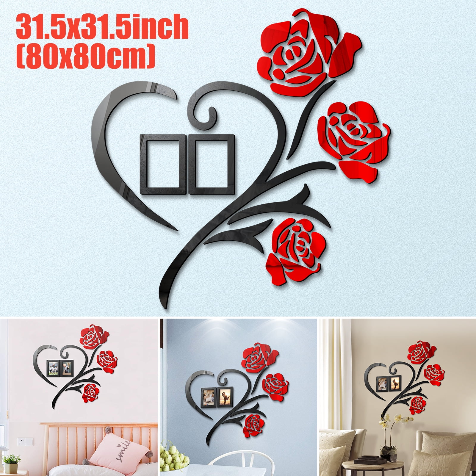 TSV 3D Wall Rose Mirror Sticker with Photo Frames, Removable Picture ...