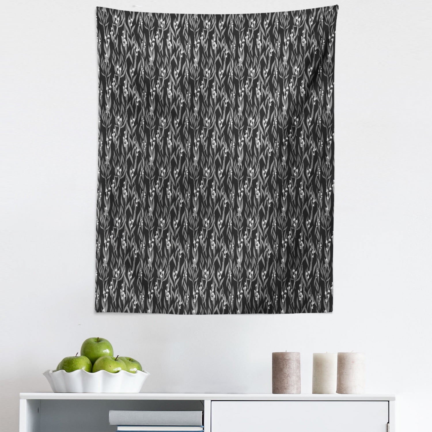 Dusty Blue Tapestry, Monochrome Leaves Branches and Flowers Old ...