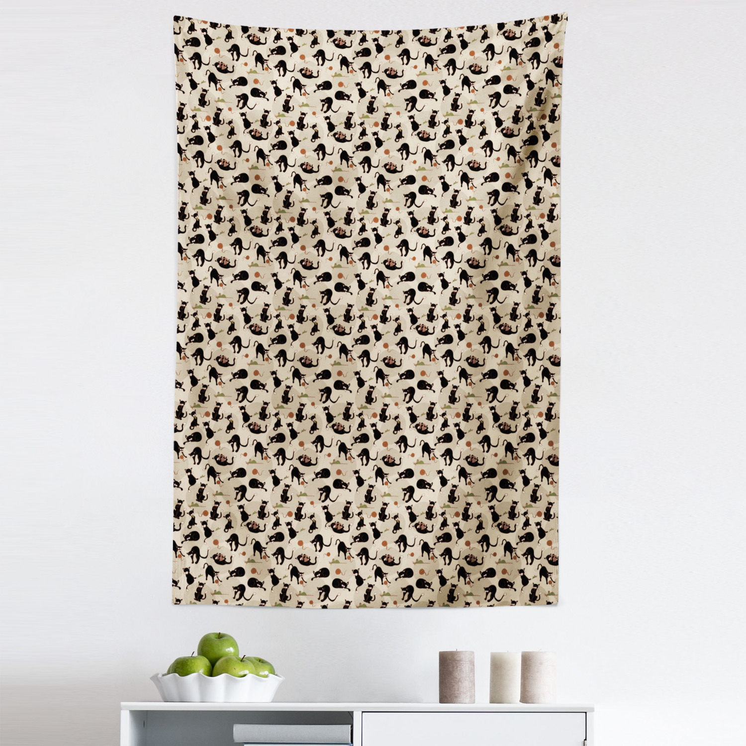 Cat Tapestry, Hand Drawn Feline Pattern House Pet Playing with Mouse ...